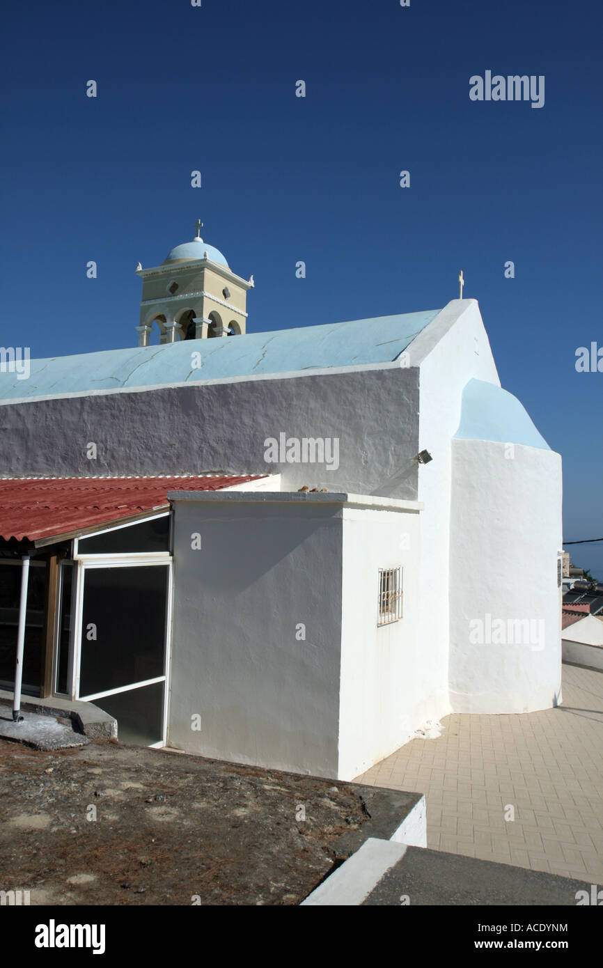 White church with light blue roof in the old part of Platanias, Crete ...