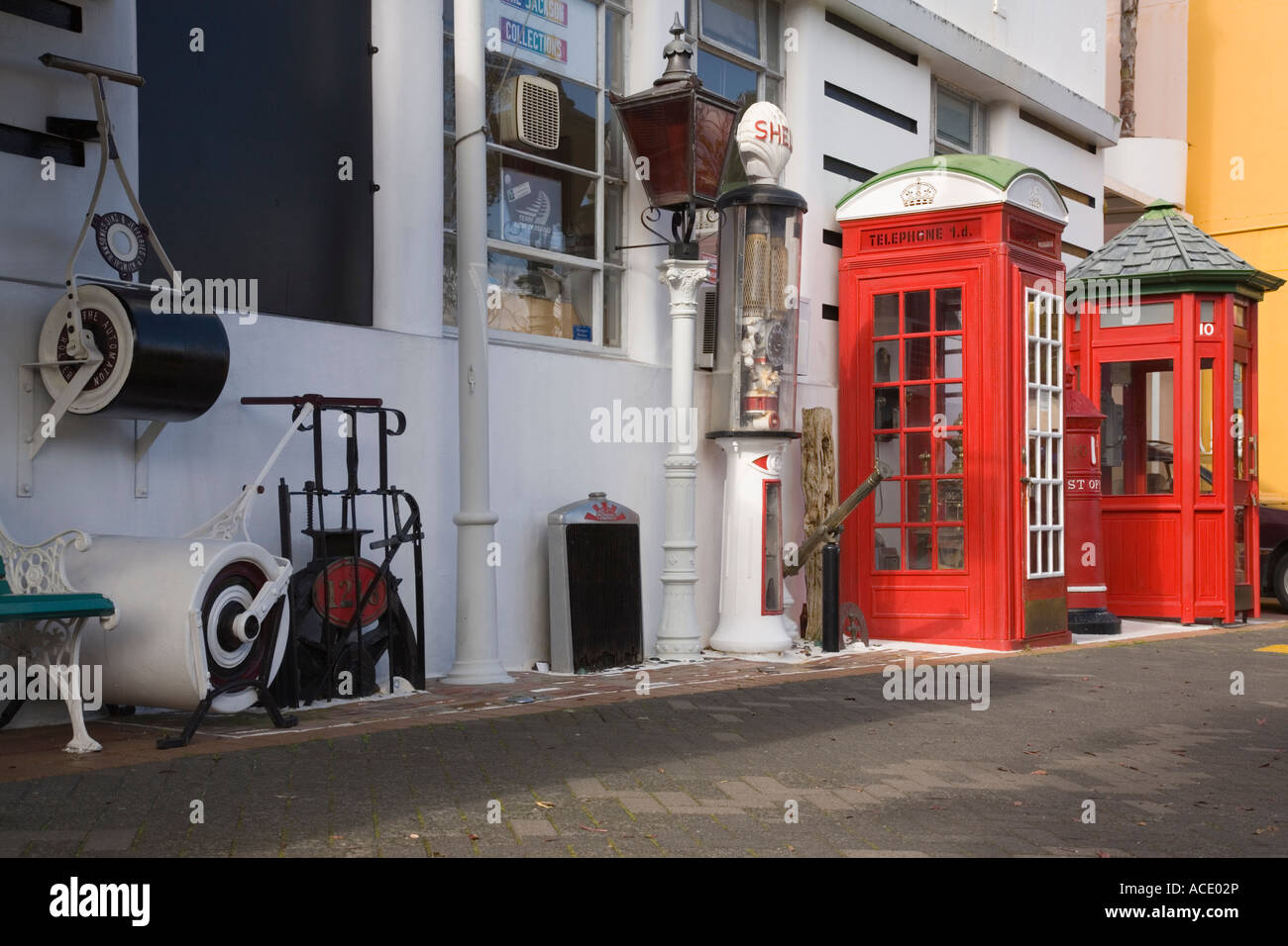 Old British and New Zealand telephone boxes outside Jackson s Muzeum ...