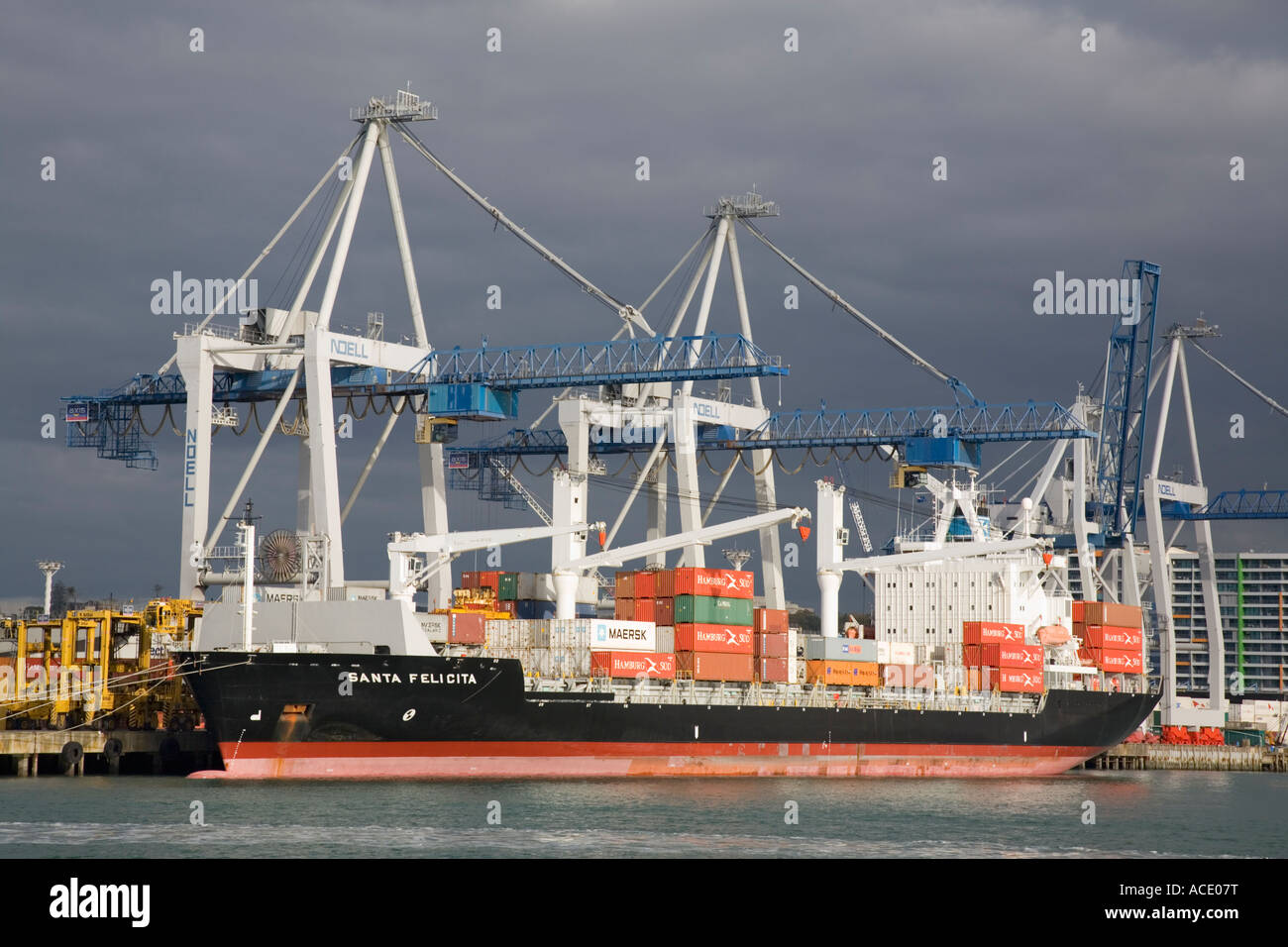 Auckland North Island New Zealand Container ship berthed by wharf in ...
