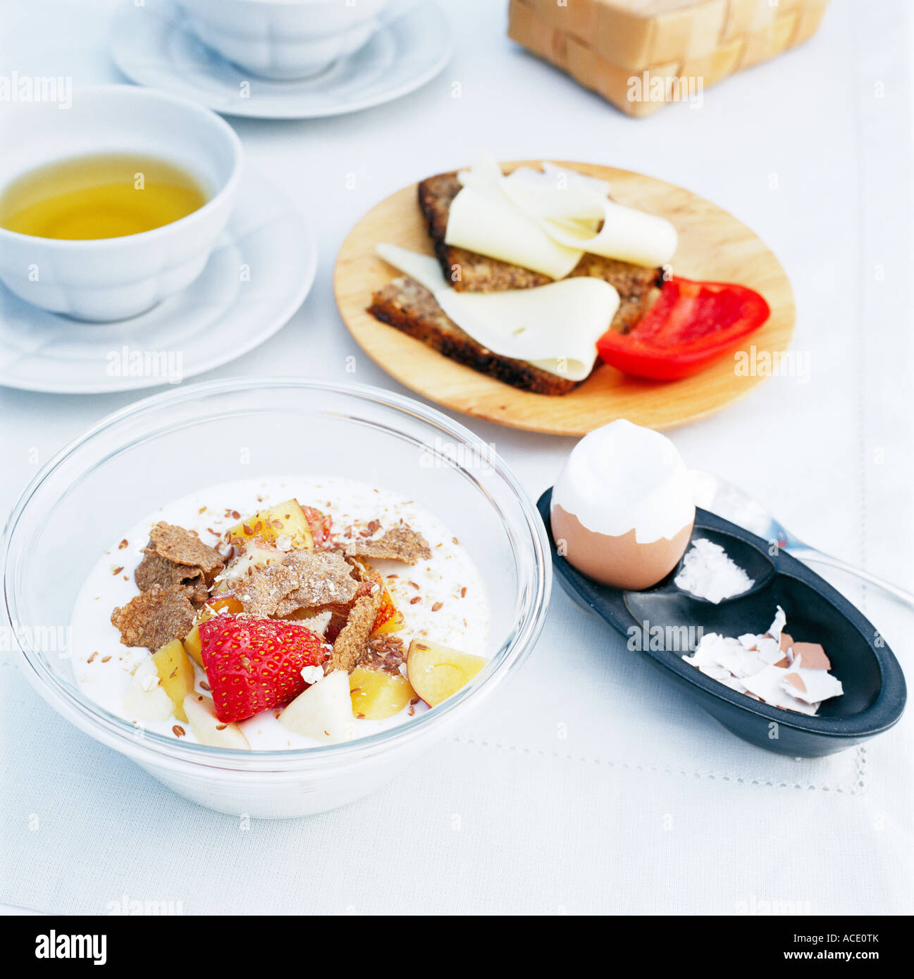 A table of laid out breakfast close-up Stock Photo - Alamy