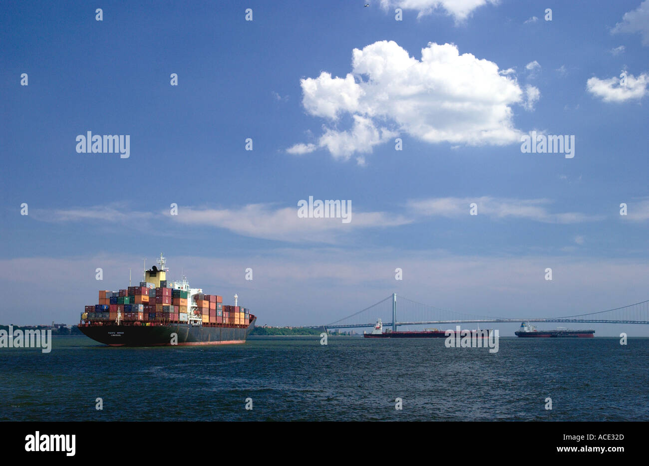 A large ocean going container ship sailing in New York harbor, New York ...