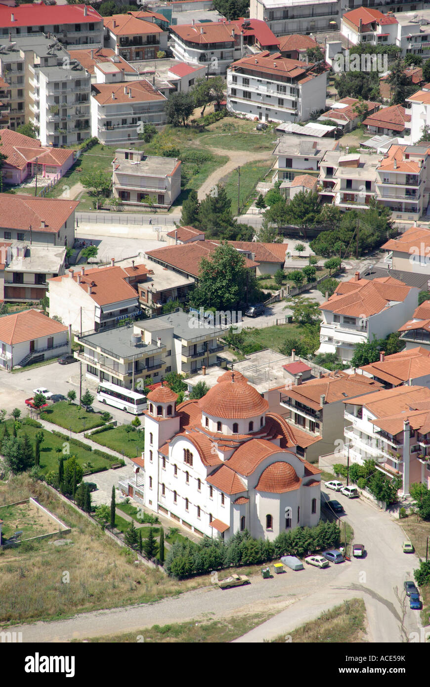 Aerial close up birds eye view looking down on rooftops of Greek ...