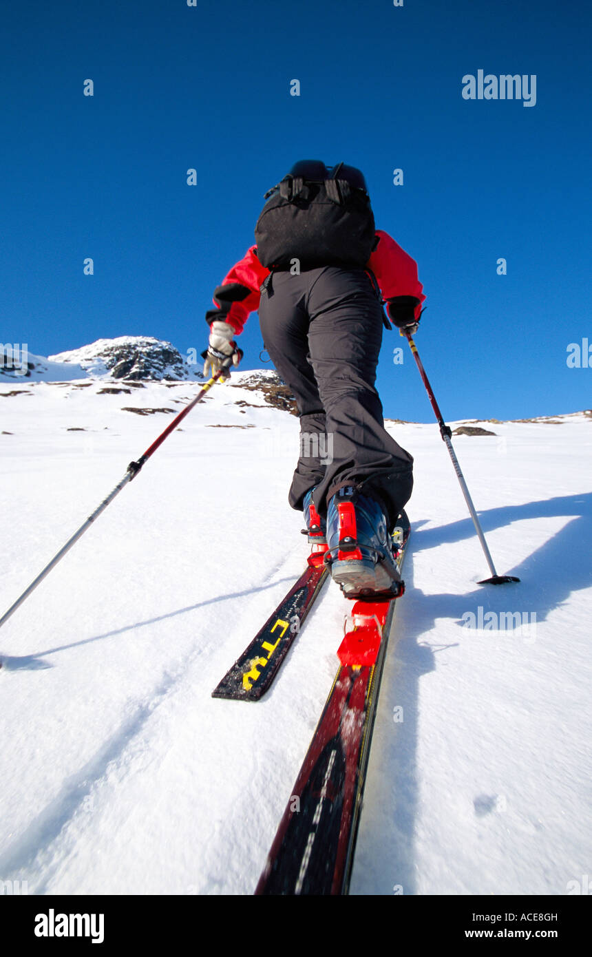 A skier on her way up on a ski slope rear view Stock Photo - Alamy