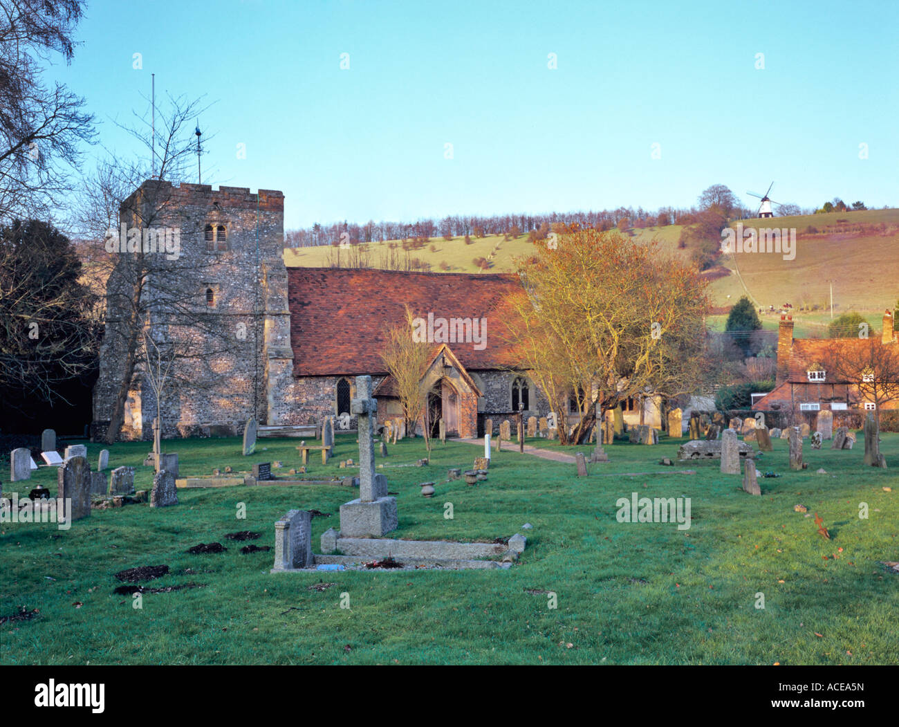 Turville church, Buckinghamshire with windmill in background Stock ...