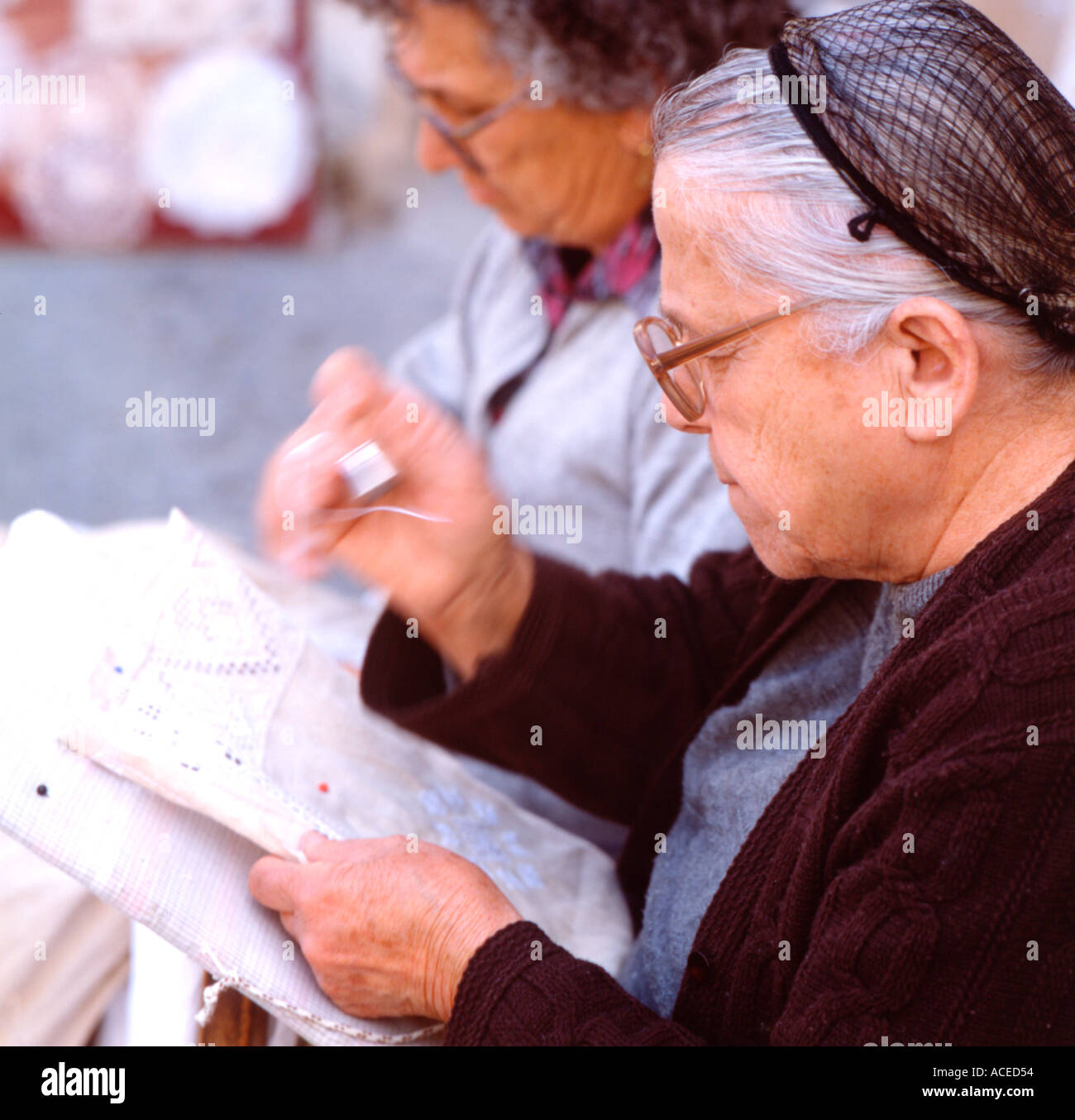 Old ladies making lace in Cyprus Stock Photo - Alamy