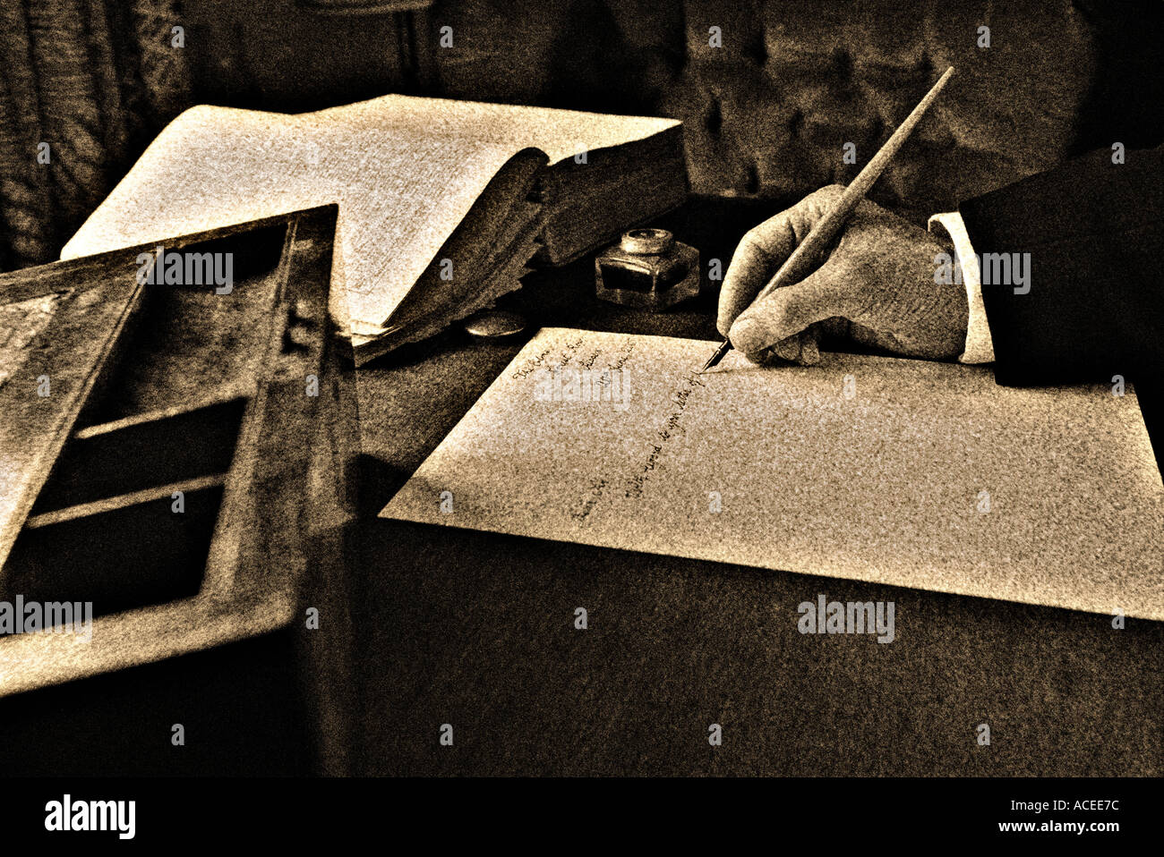 Old writing desk, pen and paper Stock Photo - Alamy