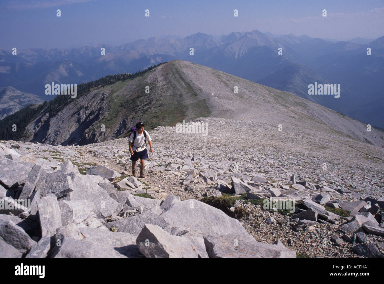 A hiker on the ridge of Half Dome Crag in the Badger-Two Medicine ...
