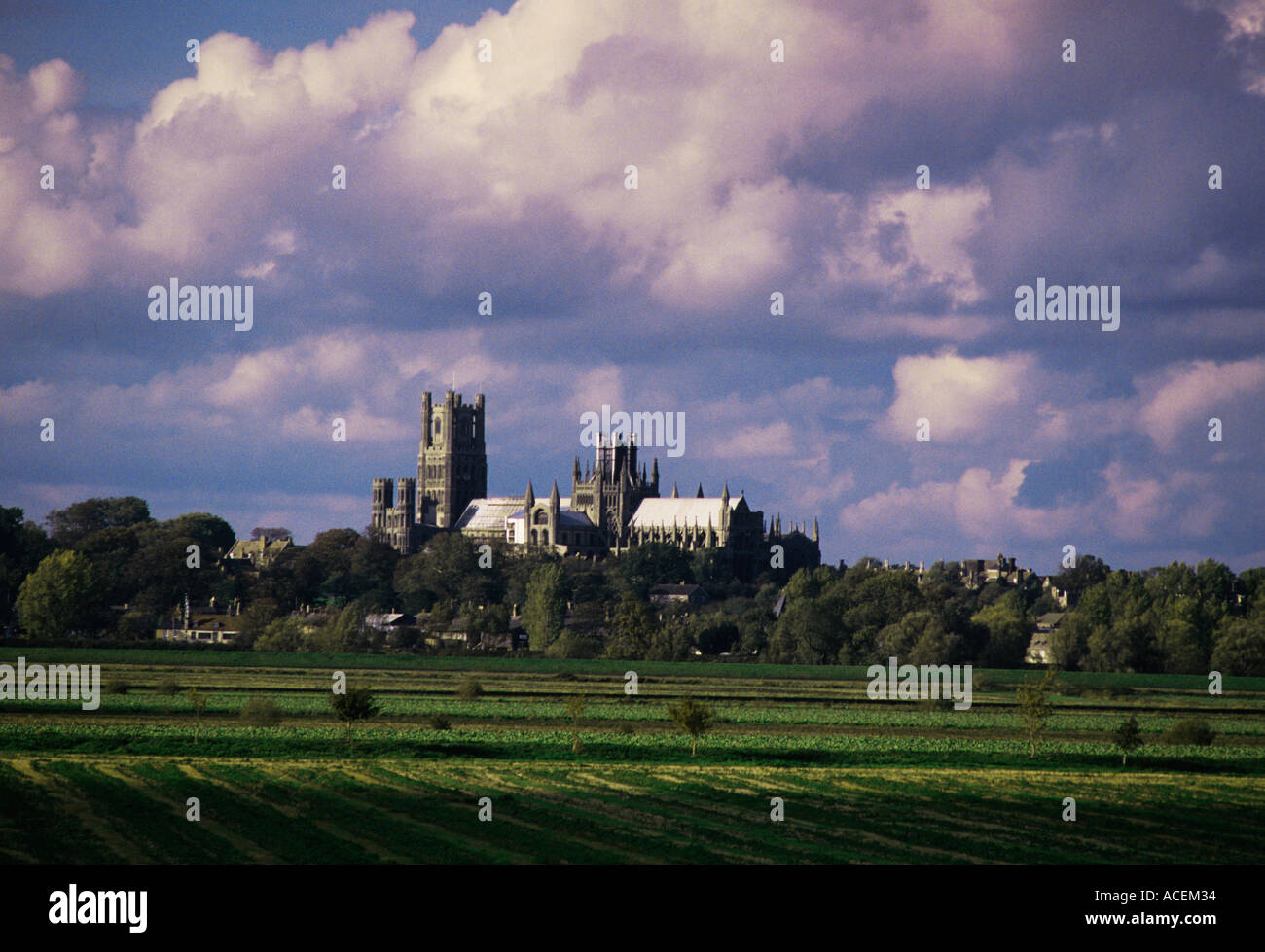 Ely Cathedral founded by St Etheldreda in 673 rises above the low Fens ...