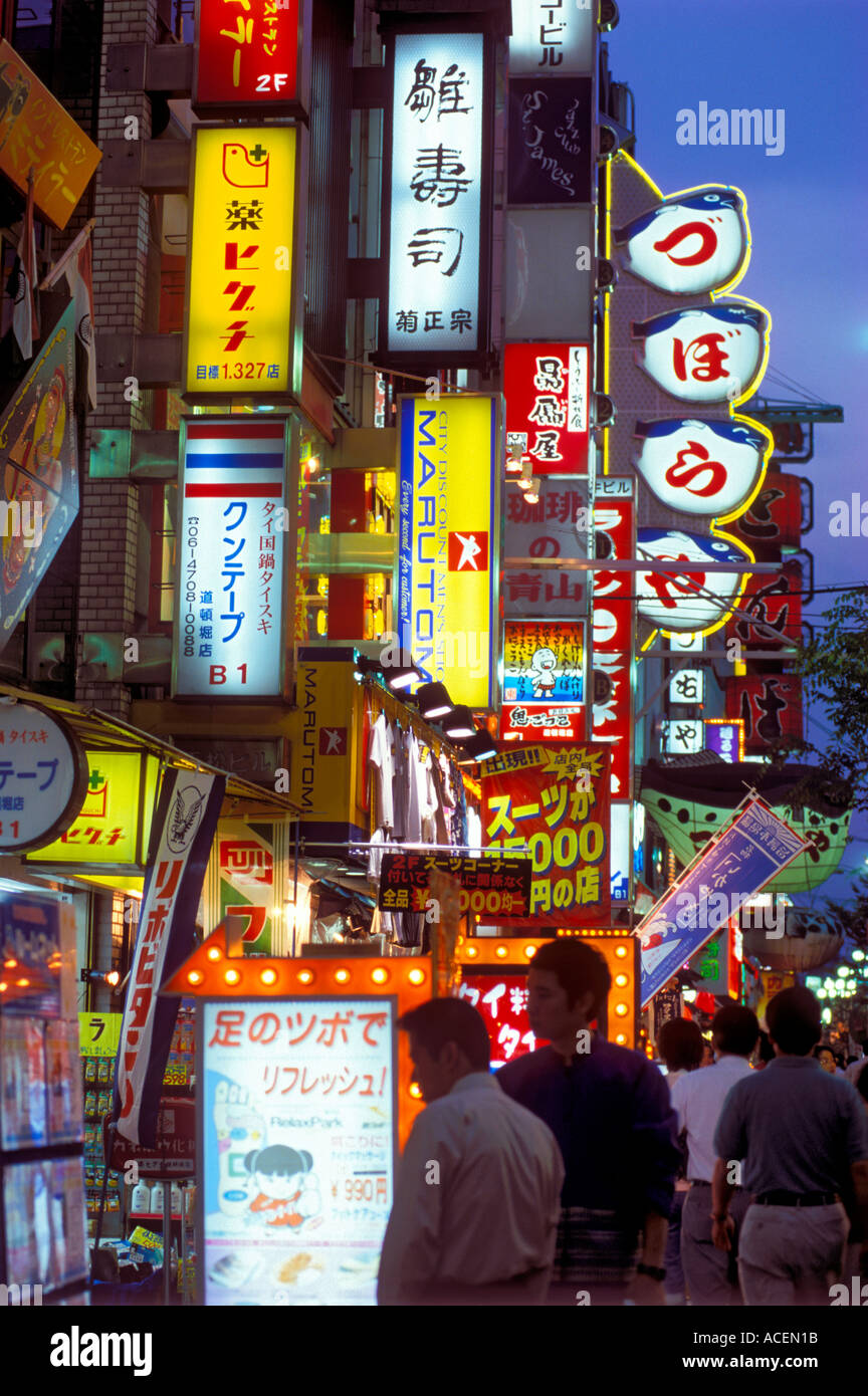 Neon signs light up the famous Dotonbori restaurant and entertainment ...
