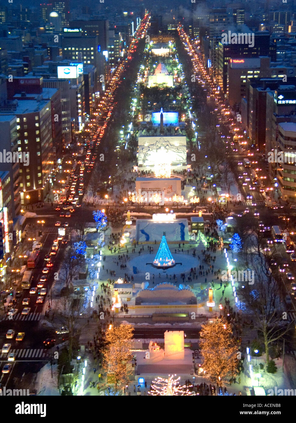 World famous Sapporo Snow Festival in Hokkaido as seen from above at ...