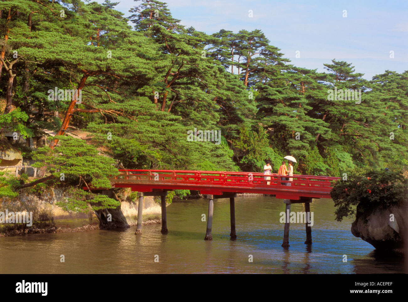 Red bridge crossing over to an island in Matsushima, Miyagi Prefecture ...