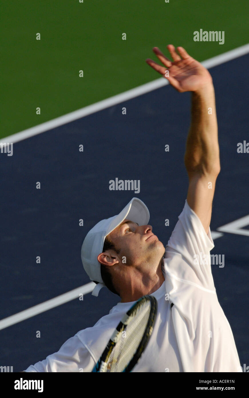 American tennis star Andy Roddick serves at the 2007 Pacific Life Open ...