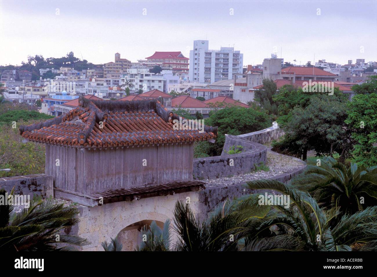 Kyukeimon Gate at Shuri Castle in Naha Okinawa with view of city ...