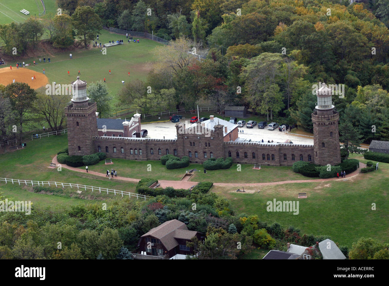 Aerial view of Twin Lights lighthouse at State Park, Sandy Hook, NJ ...