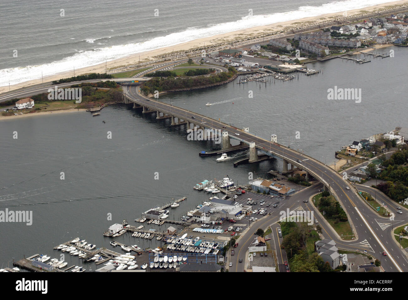 Aerial view of bridge to Sandy Hook, Atlantic Highlands, New Jersey ...