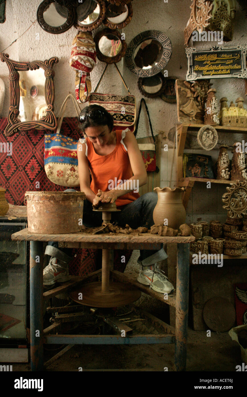 Tourist turning clay pottery in Avanos, Cappadocia, Turkey Stock Photo ...