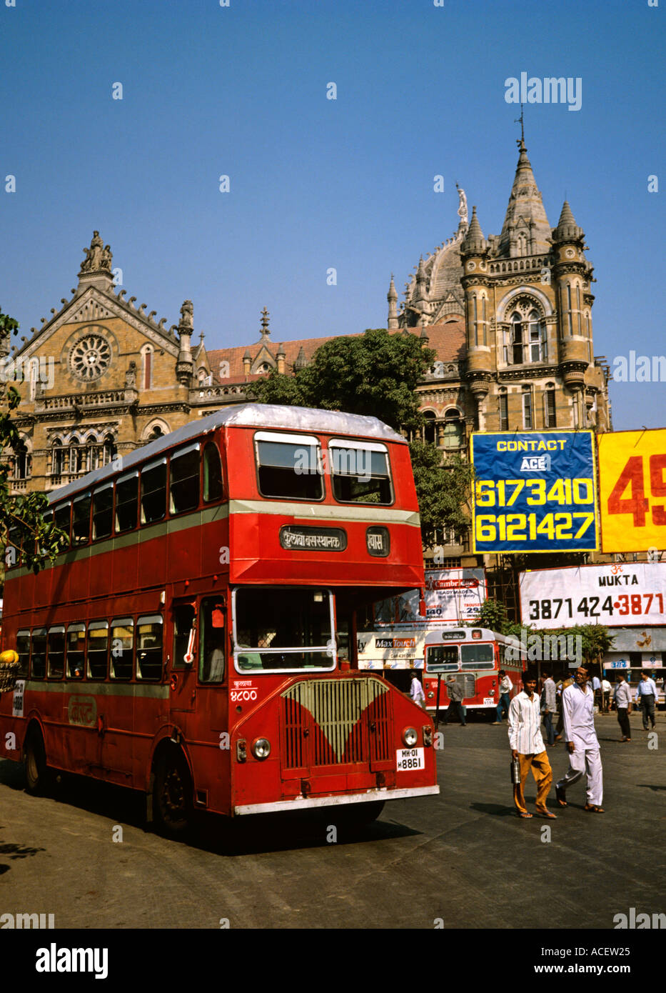 India Maharashtra Mumbai Bombay double decker bus outside CST Victoria ...