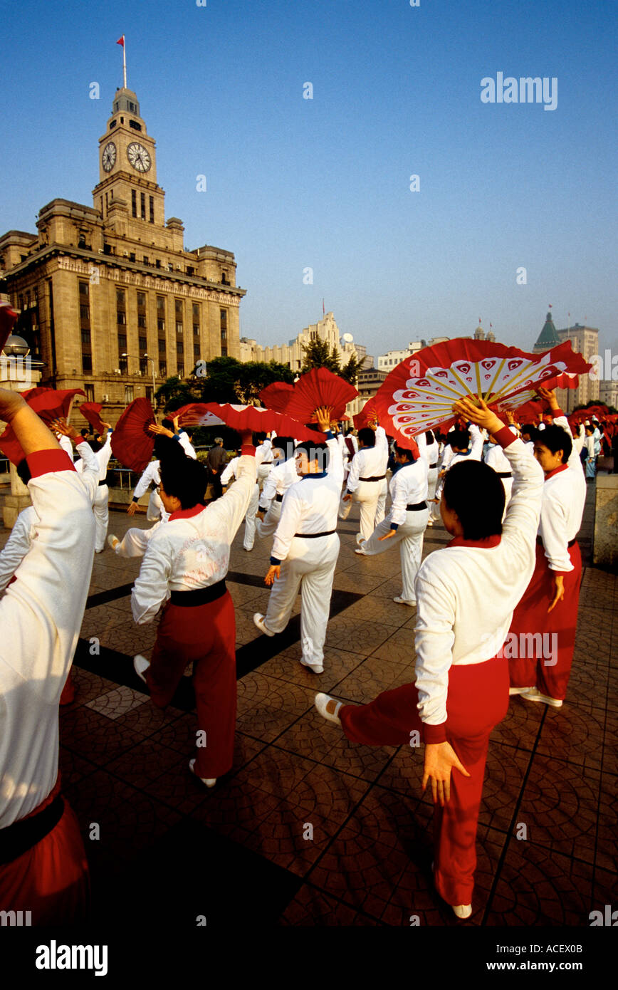 Shanghai China Morning Exercise team doing a fan routine on the Bund ...