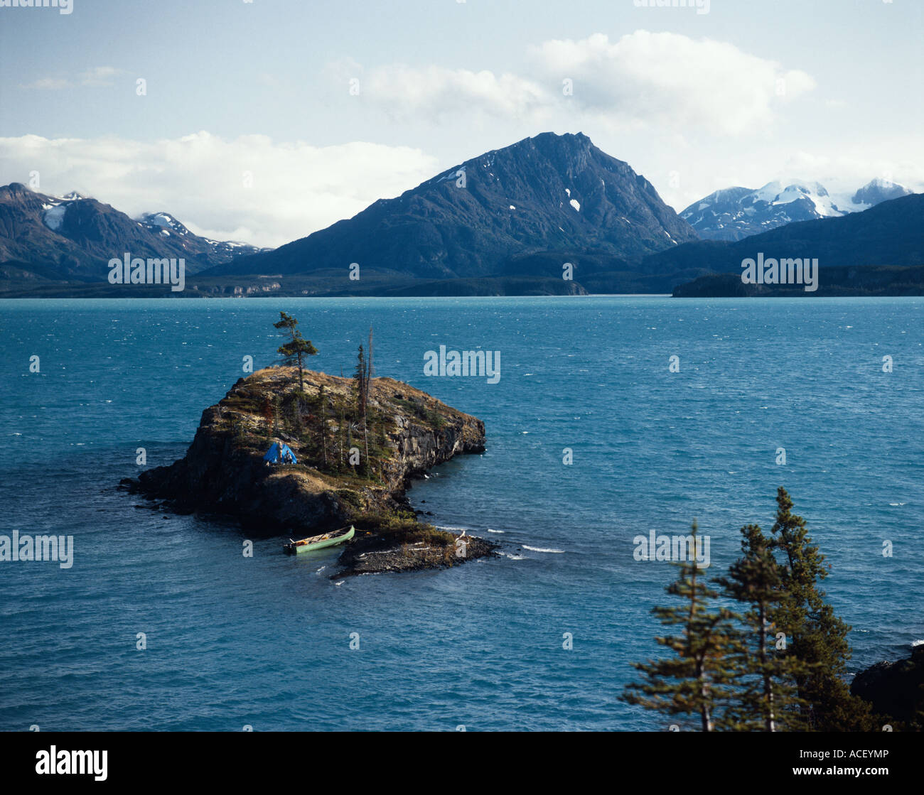 Atlin Lake BC Camp on island Stock Photo - Alamy