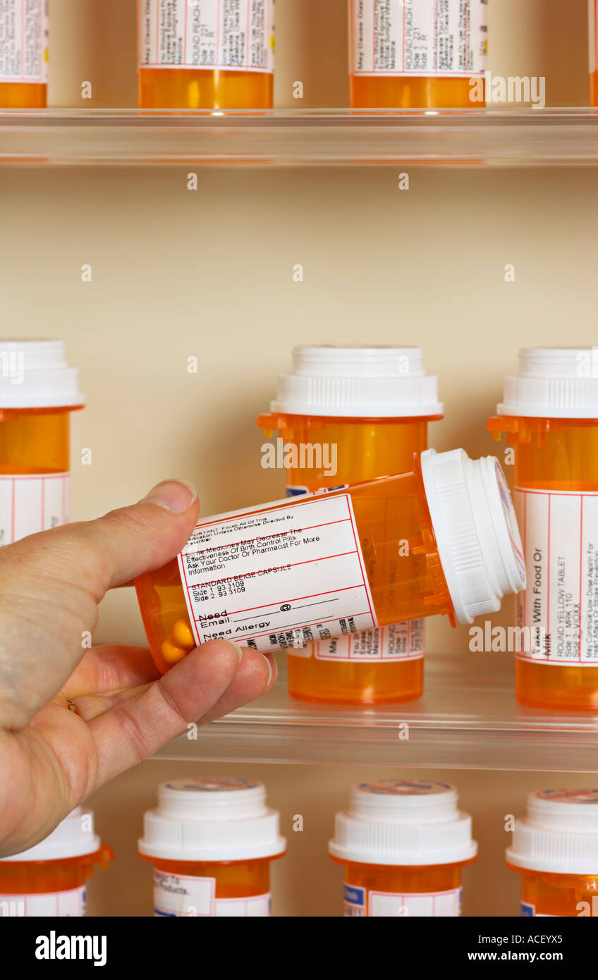 STILL LIFE Riverwoods Illinois Bottles of prescription drugs on shelves ...