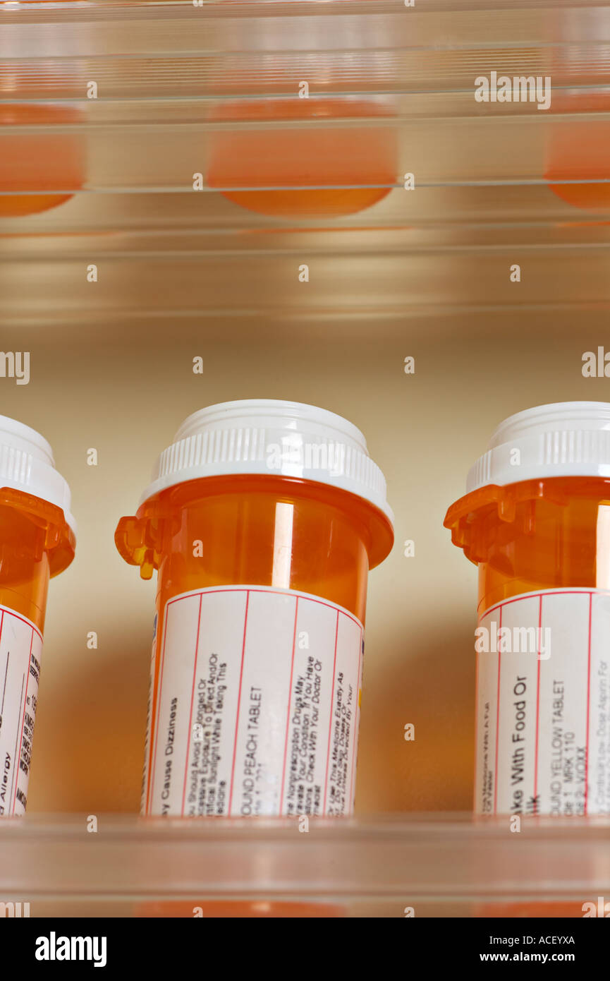 STILL LIFE Riverwoods Illinois Bottles of prescription drugs on shelves ...