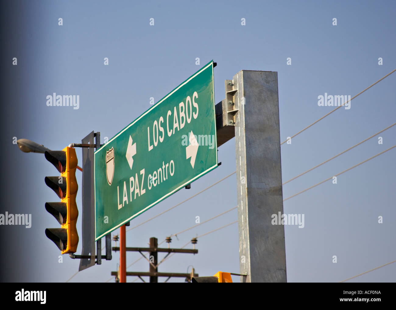MEXICO La Paz Overhead sign above highway arrows pointing to Los Cabos ...