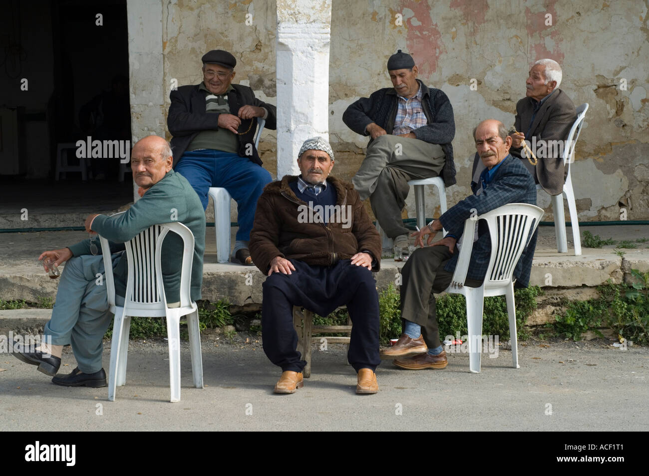 Men drinking coffee, Ziyamet village, Northern Cyprus, Mediterranean ...