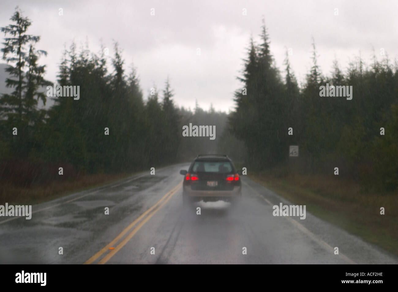 WASHINGTON Rear view of car on two lane asphalt road through pine woods ...