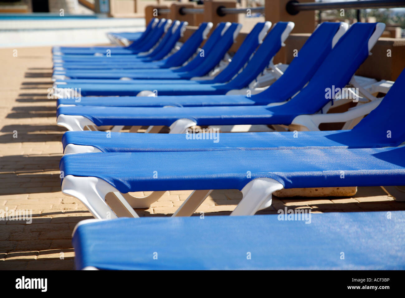 Blue Sunbeds at a 5* hotel Stock Photo - Alamy