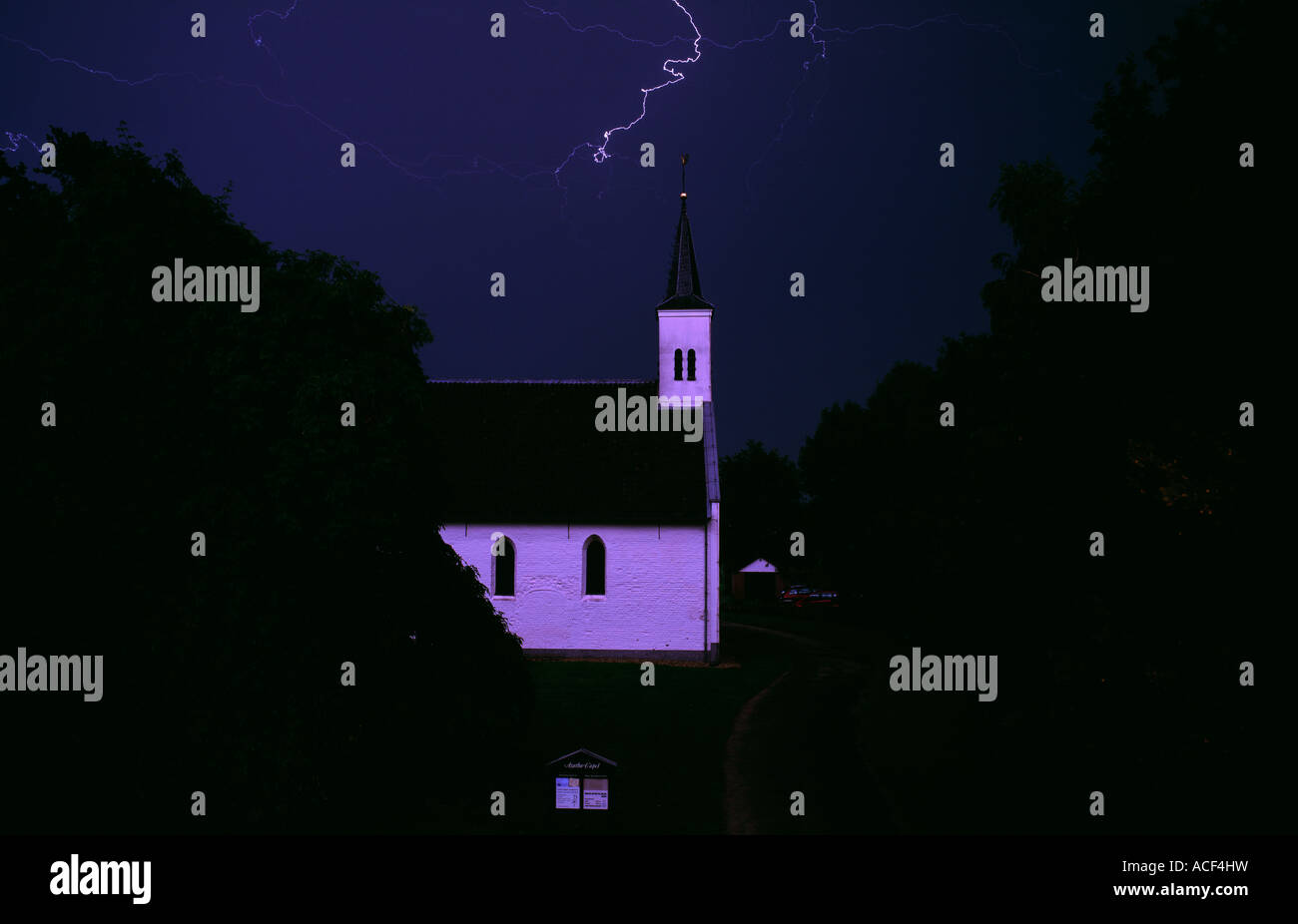 The Agatha Capel in Kapel Avezaath lit by lightning during a storm ...