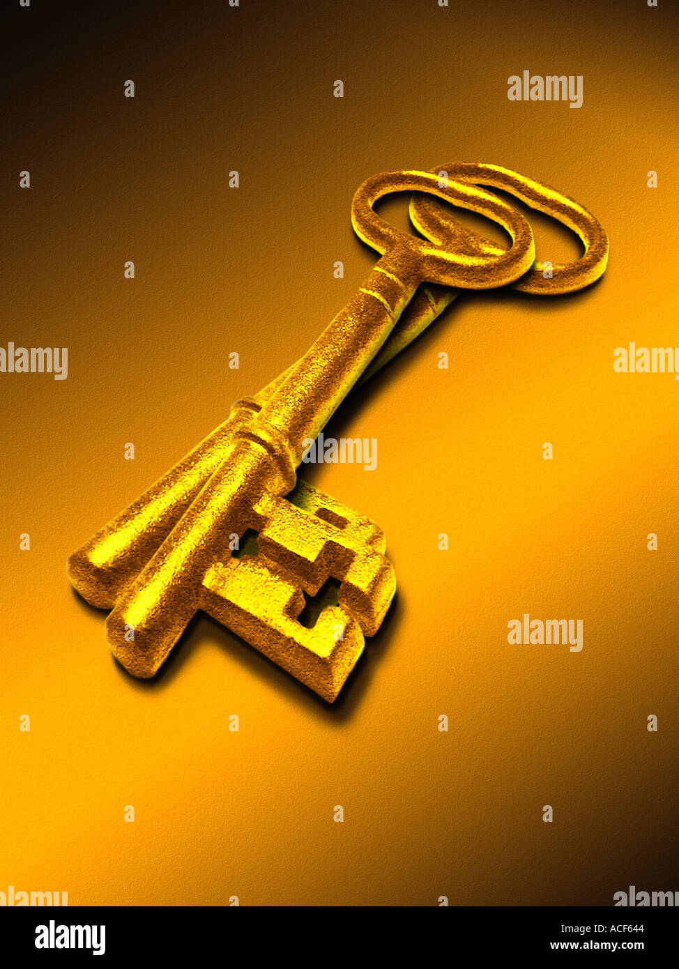 Two antique gold keys shine under the studio lights on an orange ...
