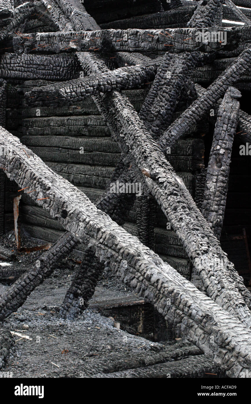 Charred beams of burned down log cabin , Finland Stock Photo - Alamy