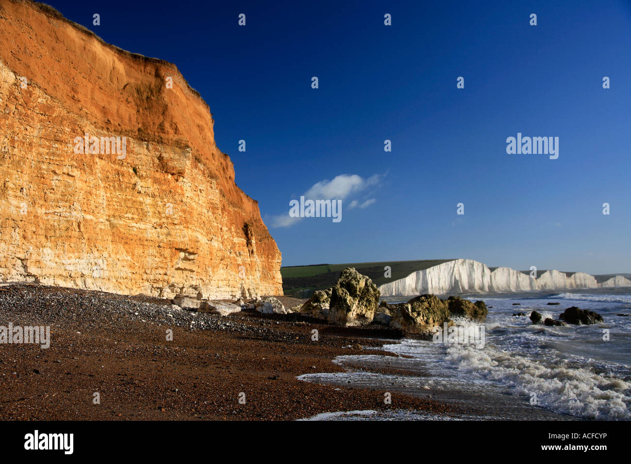 Brownstone cliff tops from the beach at Seaford Head, South Downs Way ...