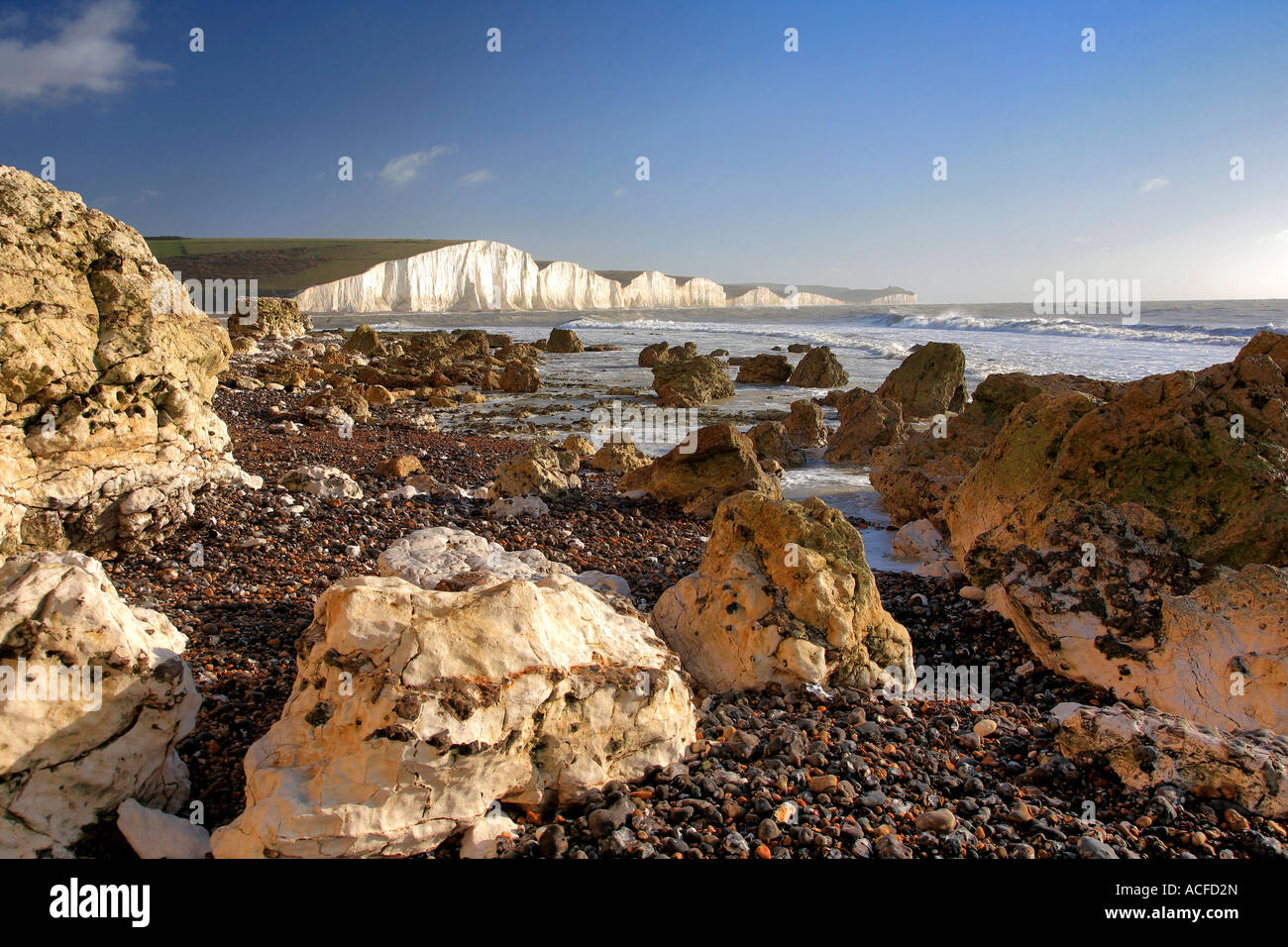 The Seven Sisters Chalk Cliffs from the beach at Seaford Head, South ...