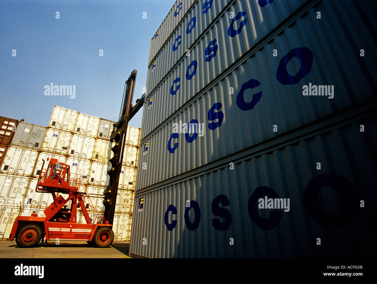 Shanghai China Forklift on docks moving COSCO China Overseas Shipping ...