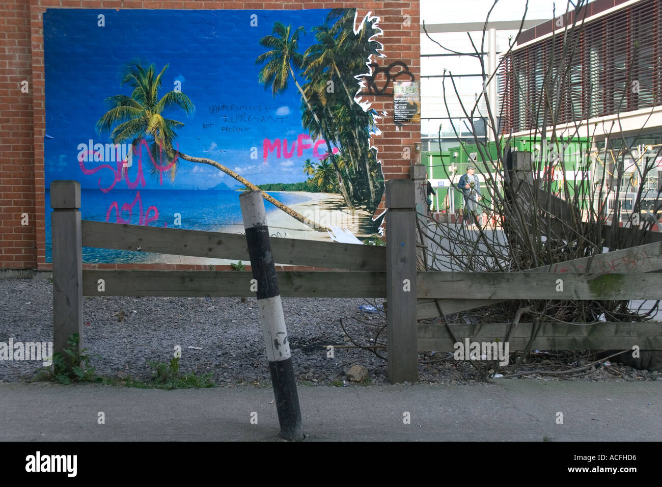 travel poster with graffiti in urban setting Stock Photo - Alamy