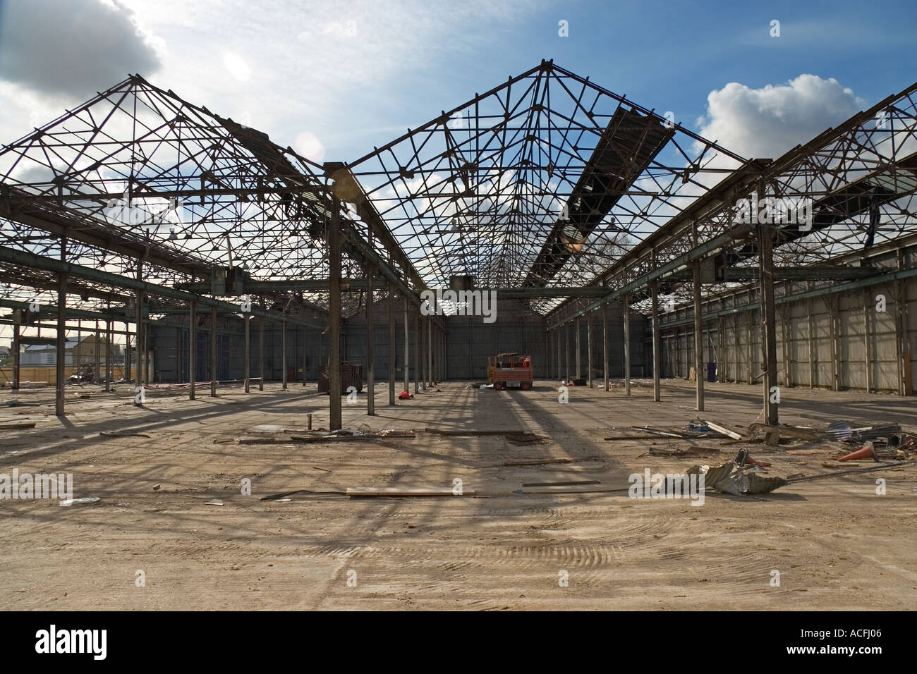 Steel framed structure of ruined warehouse or factory Stock Photo - Alamy