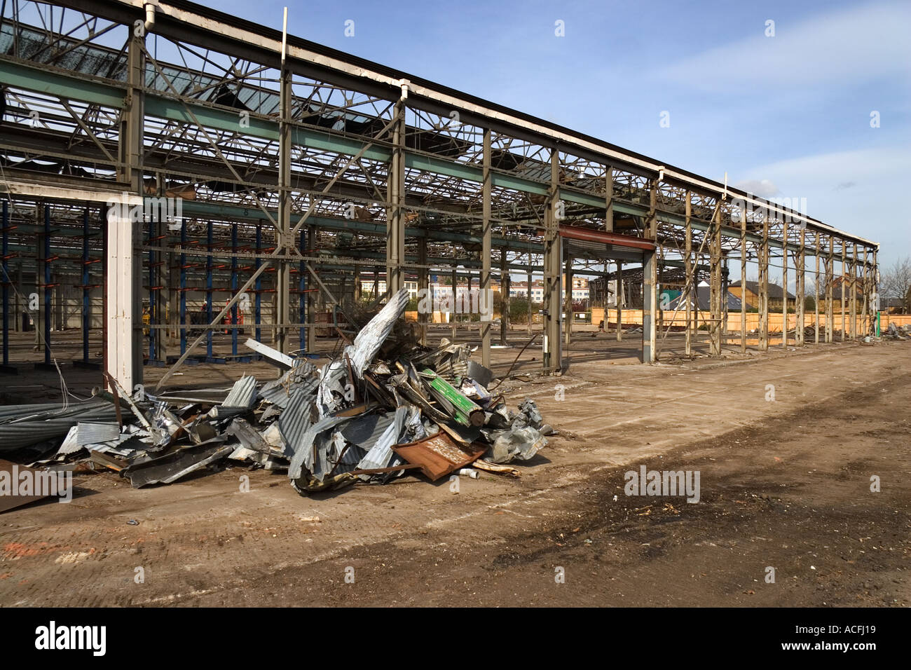 Steel framed structure of ruined warehouse or factory Stock Photo - Alamy