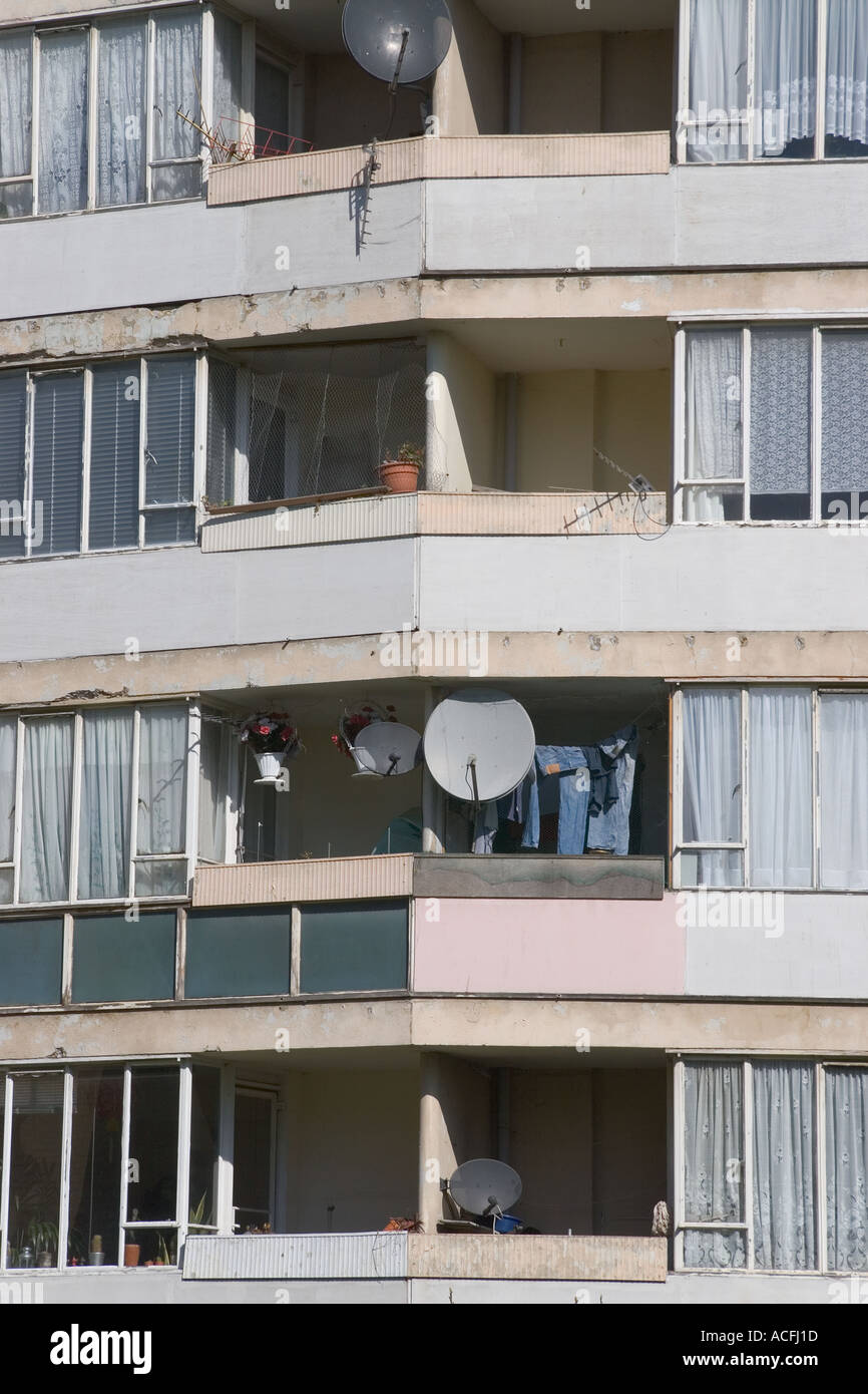 Close up of windows and balconies on low cost tower block Stock Photo ...