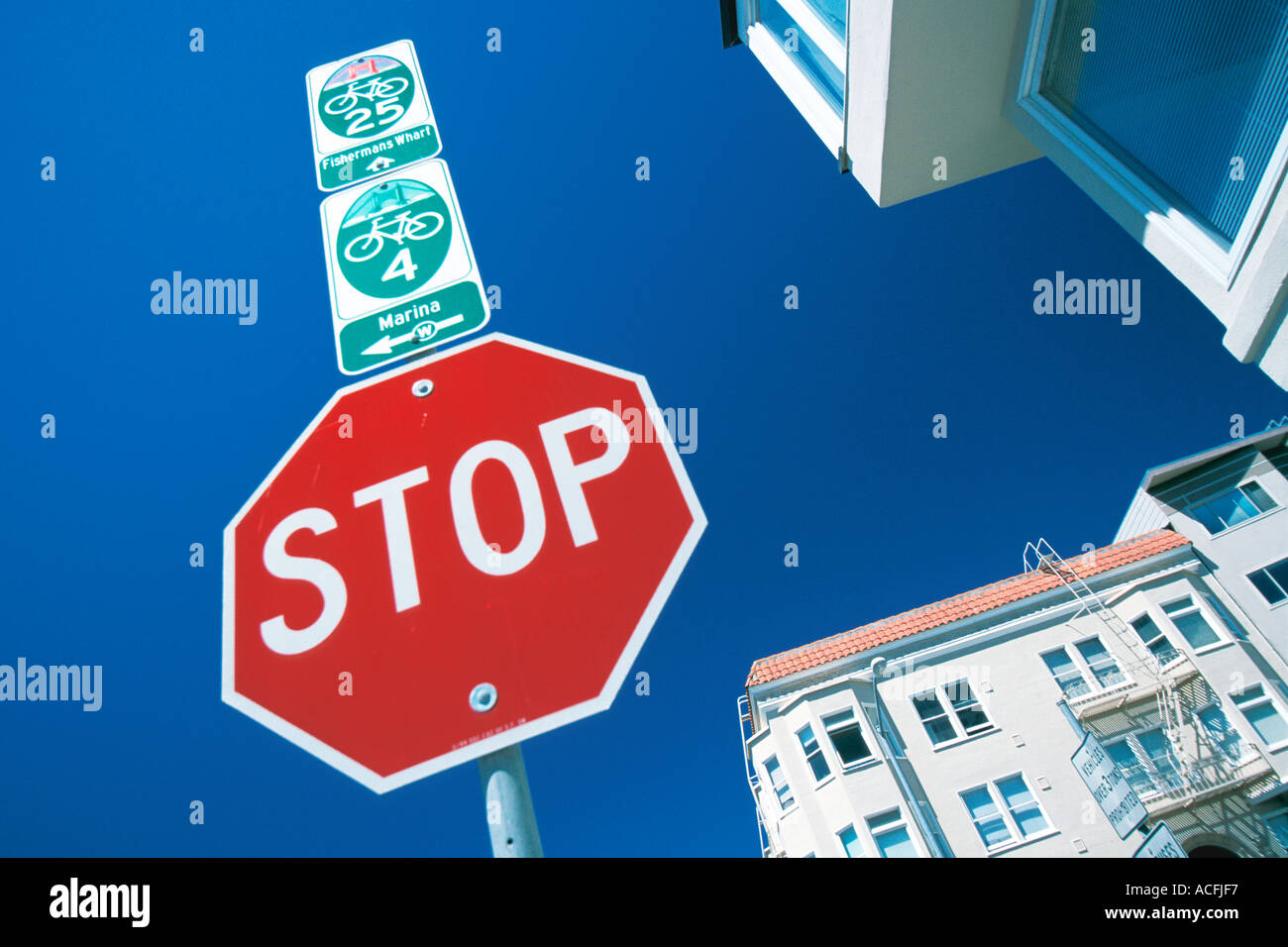 Stop sign with bicycle route signs San Francisco California United ...