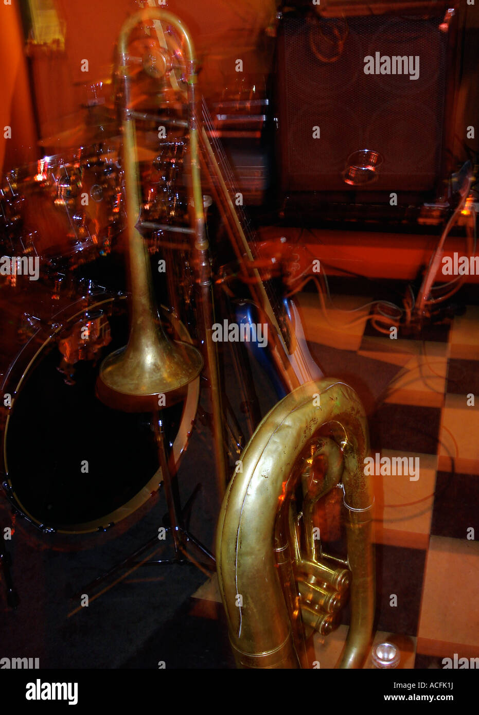 Musical Instruments set up on a Bars Stage Stock Photo - Alamy
