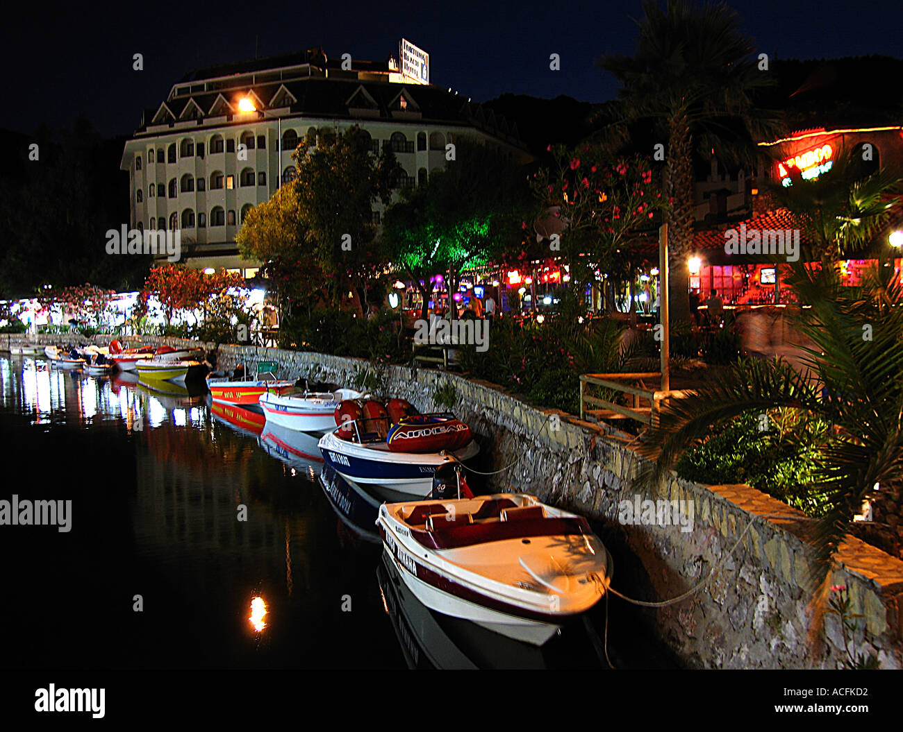 Main canal in the centre of Icmeler Turkey at night Stock Photo - Alamy