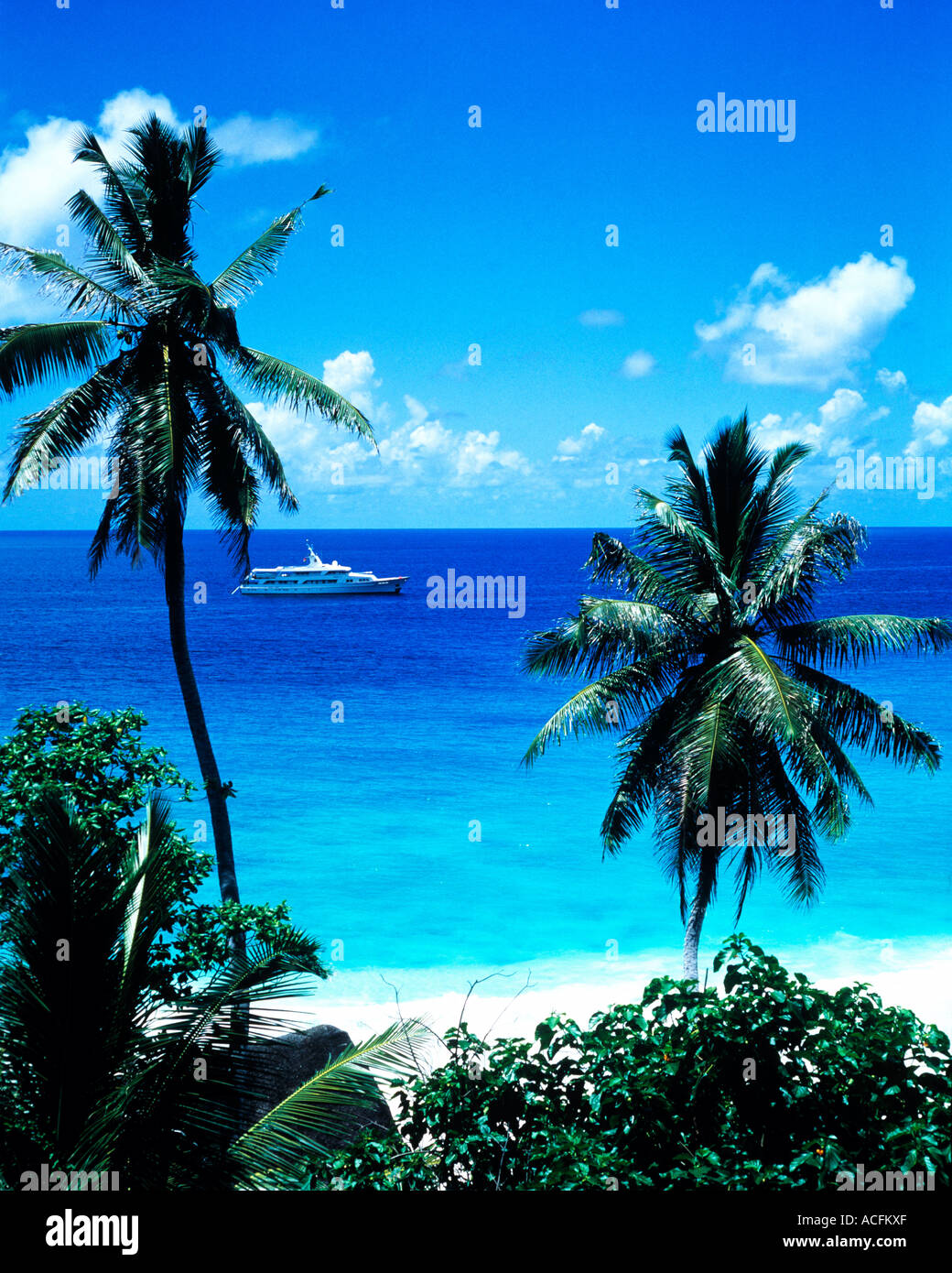 large cruising yacht surrounded by blue tropical waters, and framed by ...