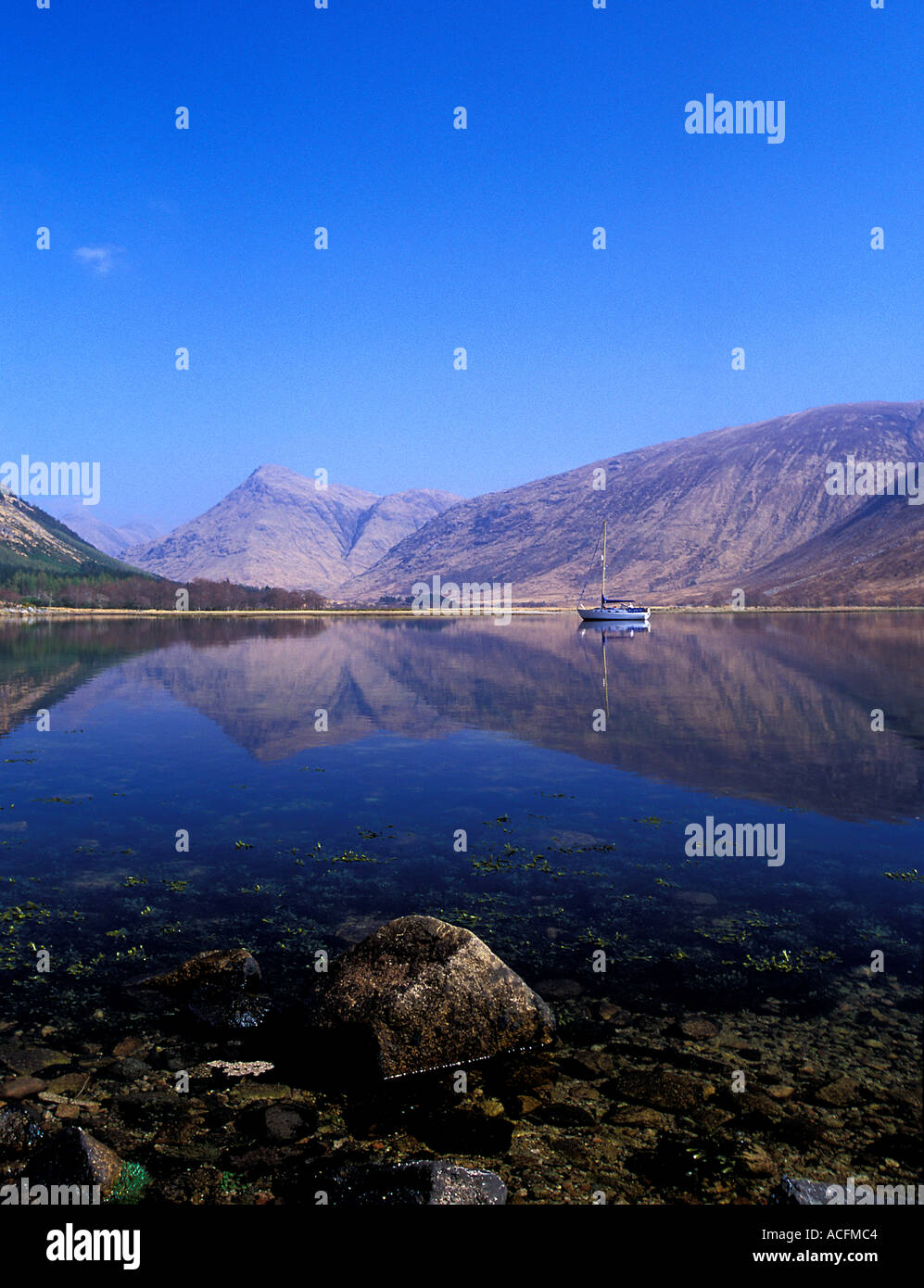 Portrait format image of Loch Etive Scottish Highlands with yacht on ...