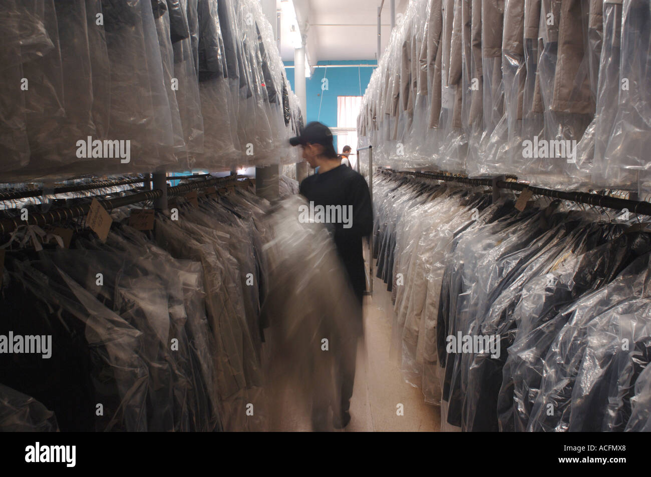 Rows of clothes ready for distribution at a clothes factory near Moscow ...