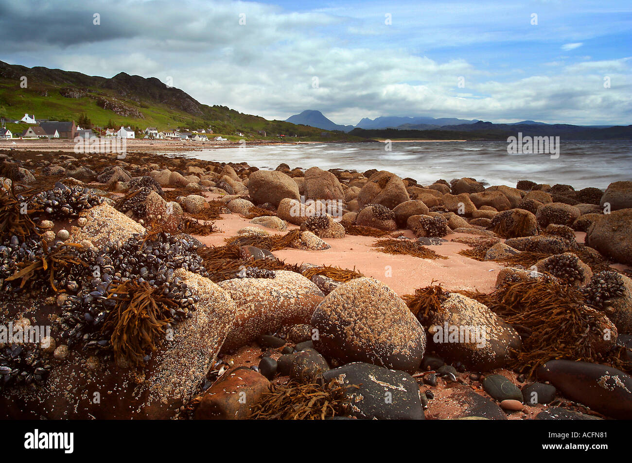 Gairloch Scottish Highlands beach view with mussel covered rocks in ...