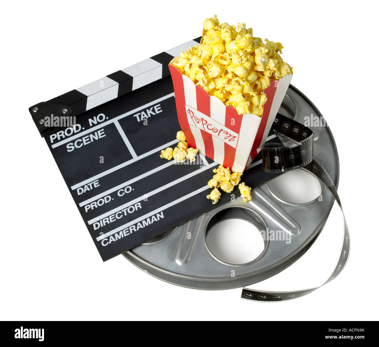 Director's Slate film reel and popcorn elevated view Stock Photo - Alamy