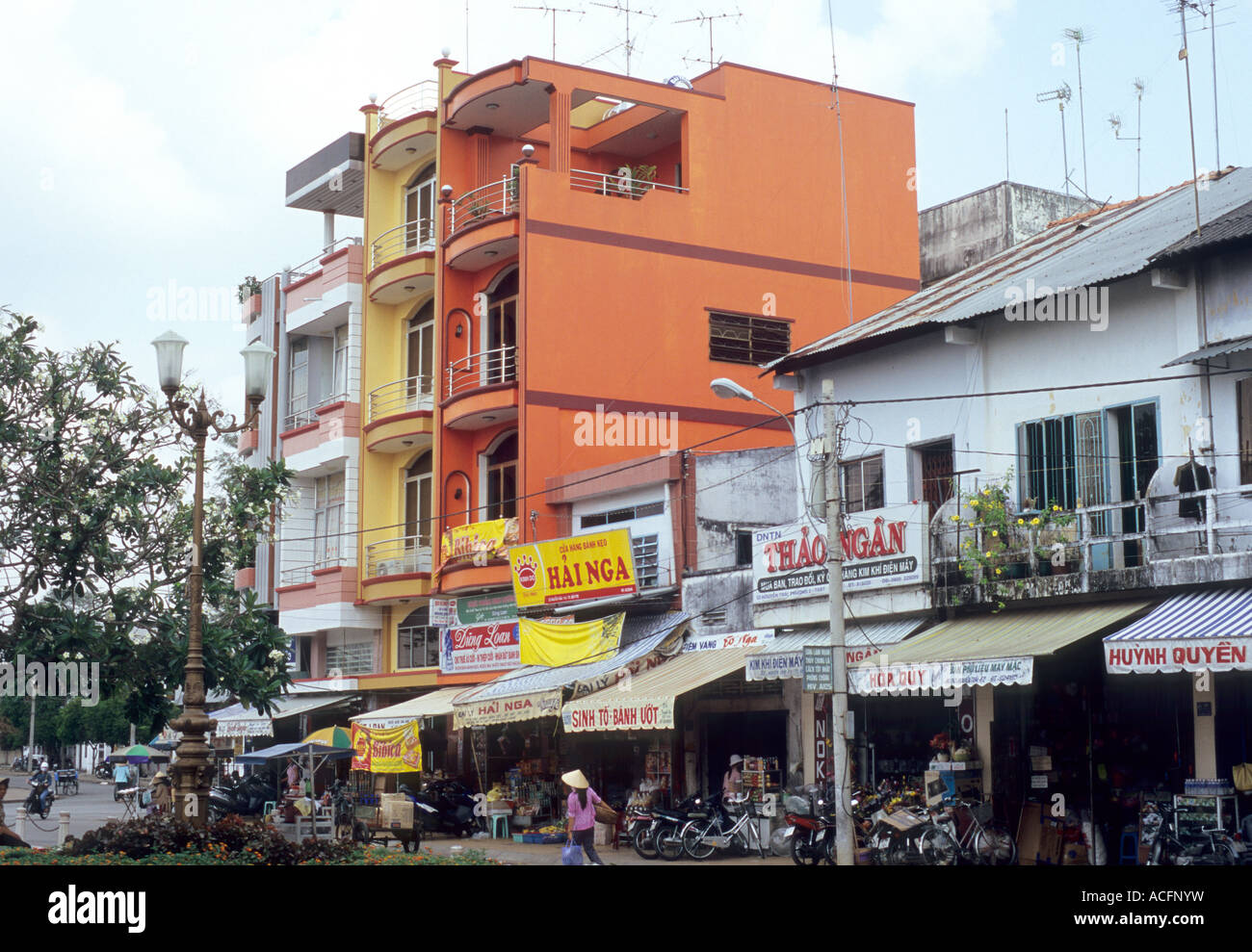 Modern shophouses in the main street, Ben Tre, SW Viet Nam Stock Photo ...