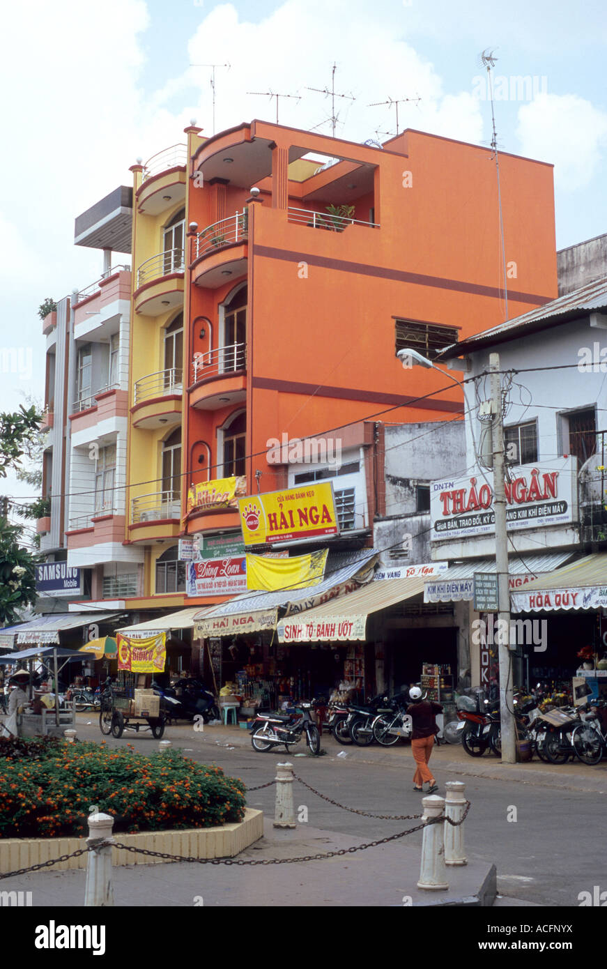 Modern shophouses in the main street, Ben Tre, SW Viet Nam Stock Photo ...