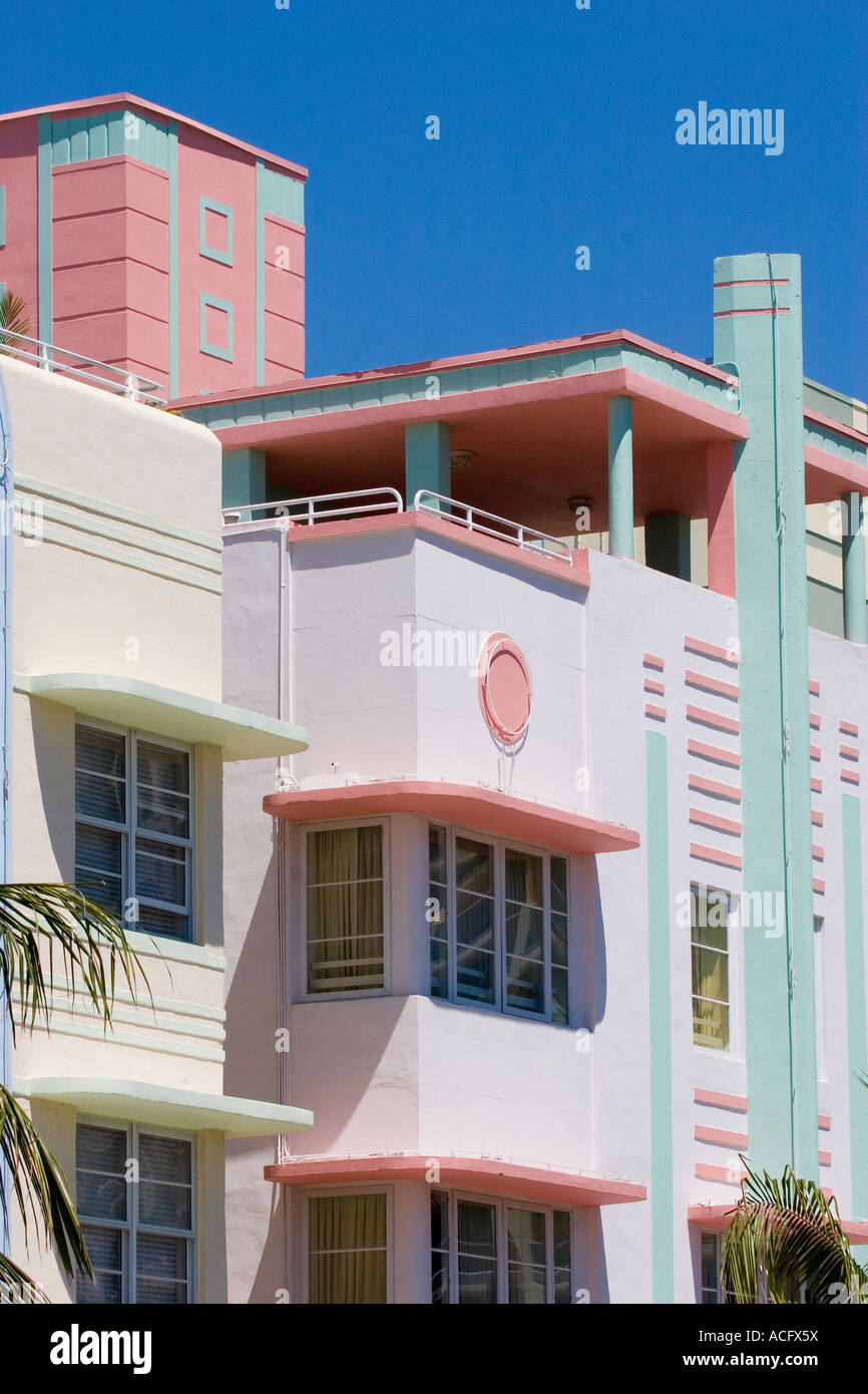 Pastel colored hotels in art deco architecture style on Ocean Drive in ...